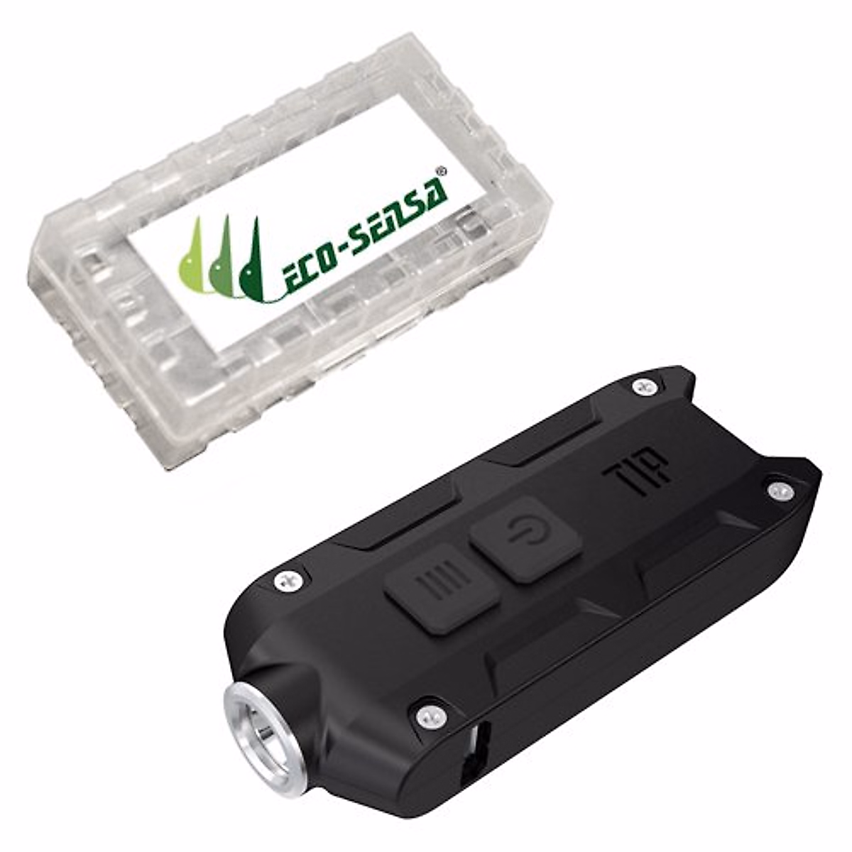 Nitecore TIP USB Rechargeable Keychain XP-G S3 light - 360 Lumens - Choice of 7 Colors w/Eco-Sensa Battery Case (Black)