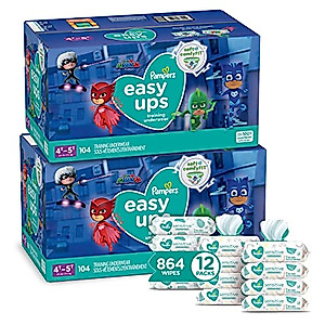 Pampers Easy Ups Pull On Training Pants Boys and Girls, 4T-5T (Size 6), 2 Month Supply (2 x 104 Count) with Sensitive Water Based Baby Wipes, 12X Pop-Top Packs (864 Count)