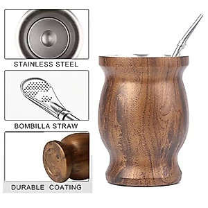 FAMKX 8oz Yerba Mate Cup With Bombillas Straw & Cleaning Brush, Stainless Steel Double wall Travel Gourd Mug Tumbler, (Wood grain)