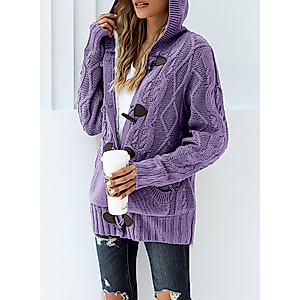 Dokotoo Womens Fashion 2024 Ladies Winter Hooded Casual Fluffy Cardigans Sweaters Solid Open Front Long Sleeve Cable Knit Sweaters Fleece Coats Outerwear with Pockets Purple Medium