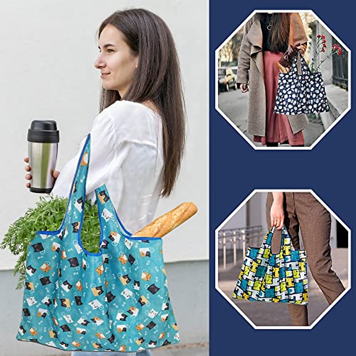 6 Pack Reusable Grocery Shopping Tote Foldable Bags with Pouch, Large Capacity, Durable, Washable, Heavy Duty Lightweight, Eco-Friendly, Waterproof, Geometry Animal Floral Design also for Travel, Gift (Animal Style)