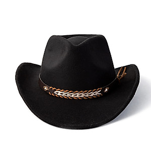 Gossifan Western Cowboy & Cowgirl Hat Felt Wide Brim Women Men Fedora Hats-A Belt Black