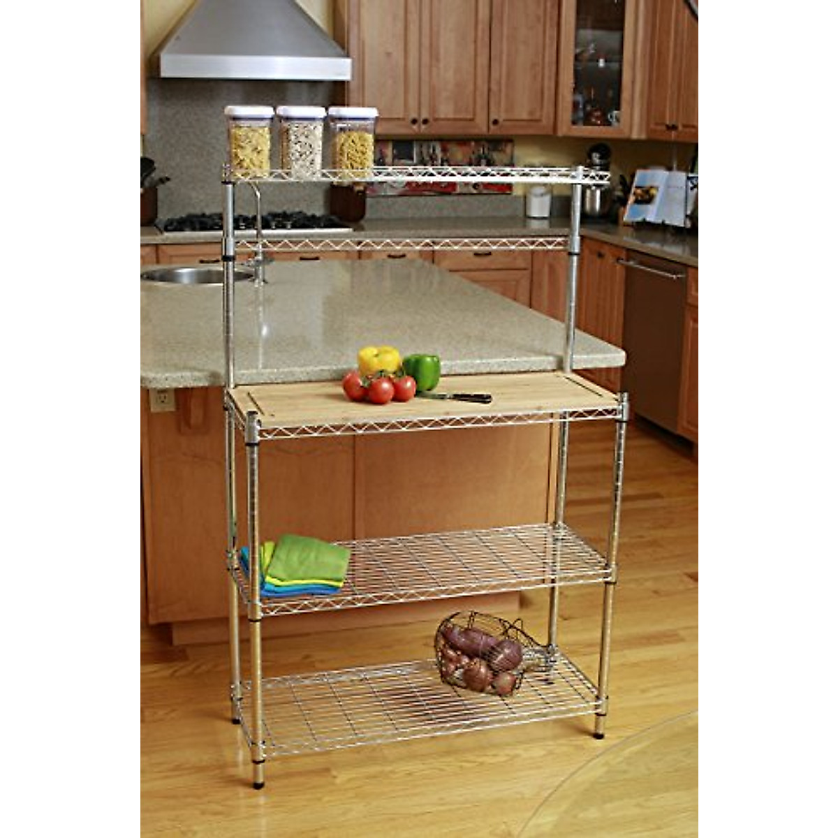 TRINITY EcoStorage Bakers Rack and Pantry Organizer with 3 Shelves, Removable Bamboo Work Surface, and Hooks for Kitchen Organization and Food Preparation, Chrome, 36” W x 14” D x 60” H