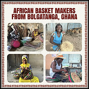 Africa Heartwood Project - Deluxe Colorful African Basket with Leather Handles - Handmade from dried Elephant Grass, Hand-Woven by Women in Bolgatanga, Ghana - Large 16" Round (Flat-packed)