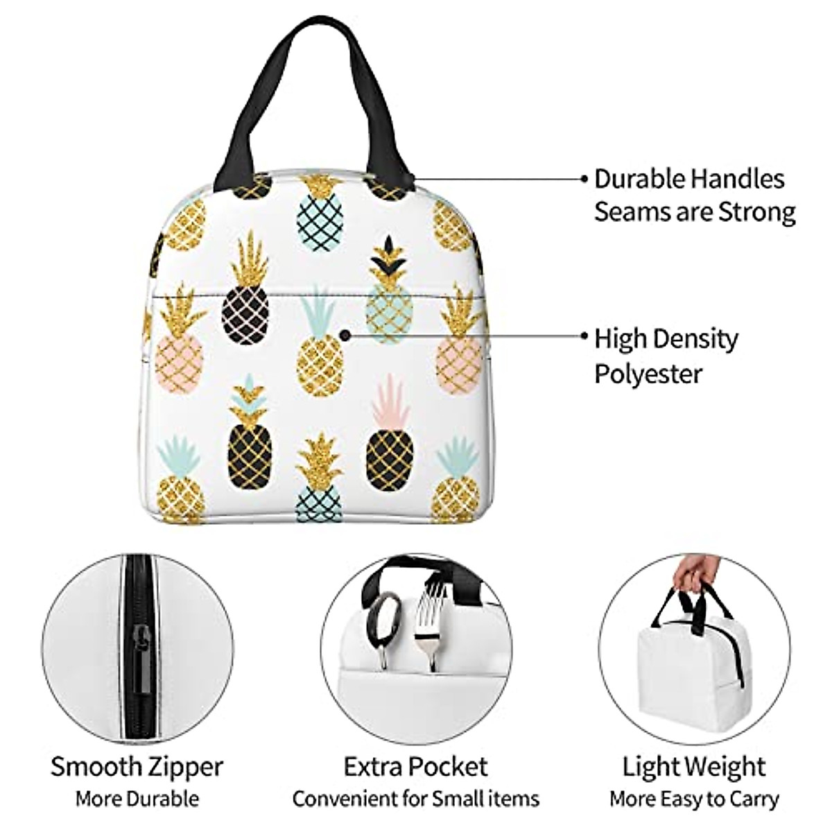 Echoserein Cute Pineapple Stylish Glitter Lunch Bag For Women Girls Insulated Lunch Box Reusable Lunchbox Waterproof Portable Lunch Tote