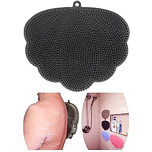 WeUse OurBSHF Back Scrubber Hands-Free for Shower. Easy to Clean Big Flat Silicone Back Washer Foot Massager Body Brush Replace Loofah Sponge. Stick to Wall to Scrub, Hang on Hook to Dry (Grey)