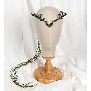 Merroyal Moon Head Chain Vintage Crystal Headpieces Hair Acessories with 2 Pairs Latex Elf Ear for Women (Green Leaf and Bronze Moon)