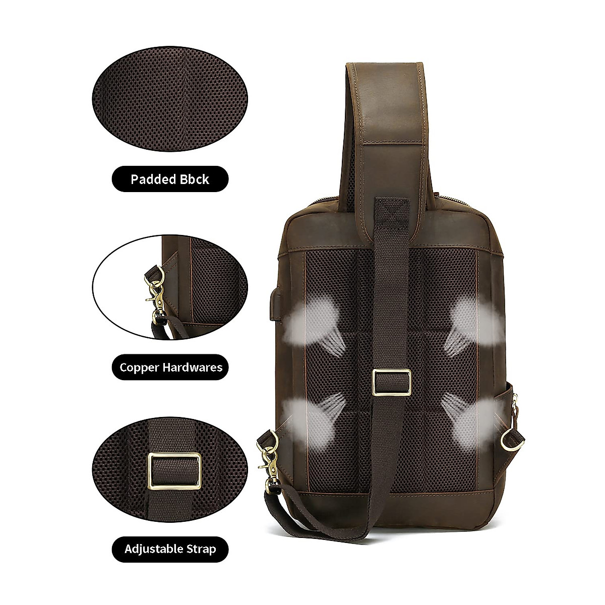 Taertii Vintage Full Grain Genuine Leather Sling Bag Crossbody Chest Shoulder Backpack Daypack Travel Hiking for 13.3 Inch Laptop - Brown