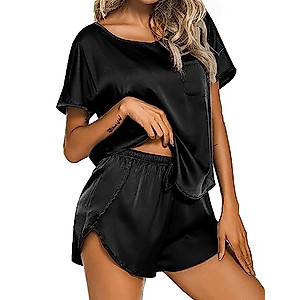 Ekouaer Silky Pajama Set for Women Satin Short Sleeve Shirt and Shorts Two Piece Loungewear Pj Set Black L