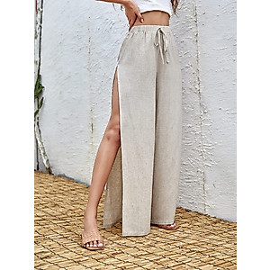 SweatyRocks Women's High Waist Drawstring Split Thigh Wide Leg Palazzo Pants Khaki XL