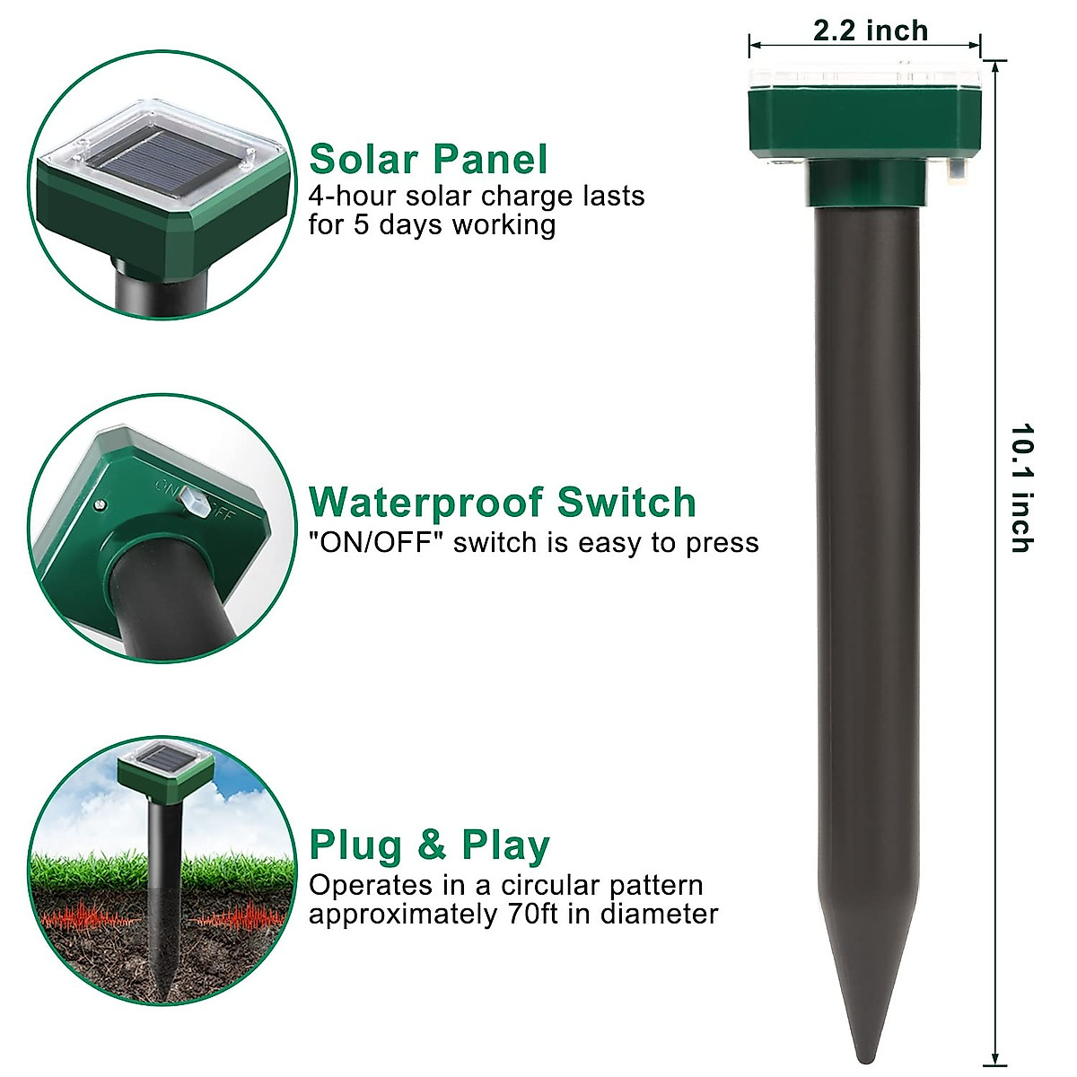 Mole Repellent Solar Powered, 10 Pack Solar Mole Repellent Ultrasonic for Vole, Snakes, Gopher, Waterproof Sonic Mole Deterrent Spikes,Snake Gopher Vole Repellent for Garden and Yard