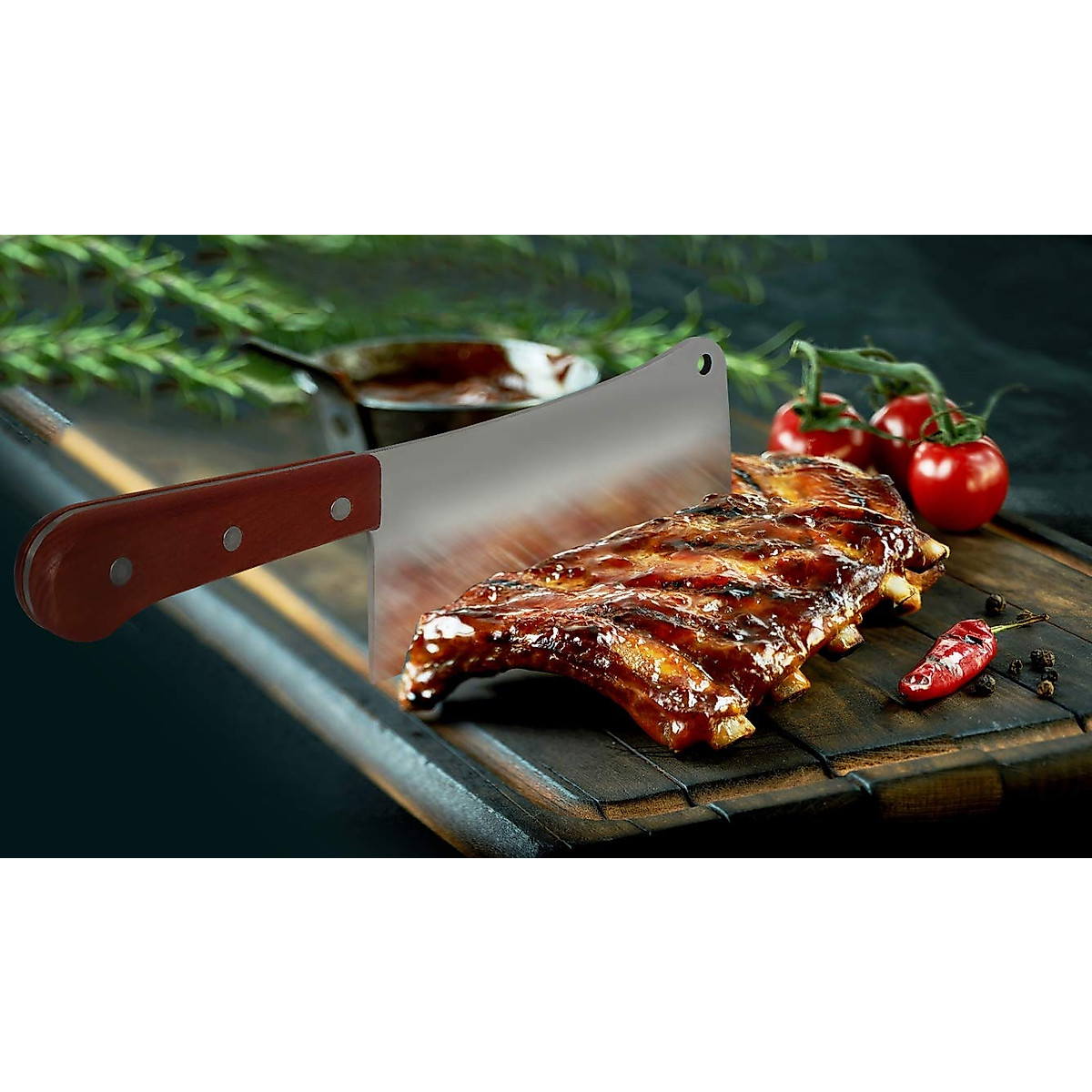 Professional Meat Cleaver - Stainless Steel Chopper with Natural Wood Handle Heavy-Duty Professional Butcher Knife Perfect to Cut and Chop Meat, Bones, Vegetables(8" blade / 14.5" total)