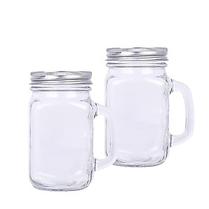 Mason Jar Drinking Glasses with Handles & Silver Lid - Set of 2