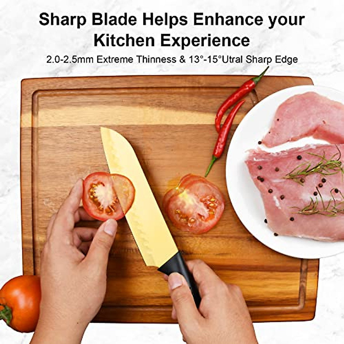 FASAKA Knives Set for Kitchen, Chef Knife Set, Kitchen Knife Sets, 6Pcs Titanium Coated Golden High Carbon Steel Made Kitchen Knives & 6Pcs Knife Sheaths with Gift Box, House Warming Gift