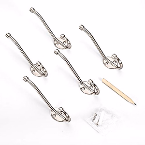Wall Mounted Standard Decorative Heavy Duty Double Coat Hooks,5 Pack with Screws, Brushed Nickel by Ambipolar (6636-T310)