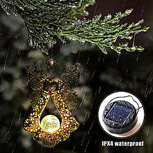 GOODME Hanging Solar Lights Outdoor Waterproof LED Solar Lantern Metal Angel Memorial Gift with Crackle Globe Glass Decoration for Porch,Patio,Yard,Garden