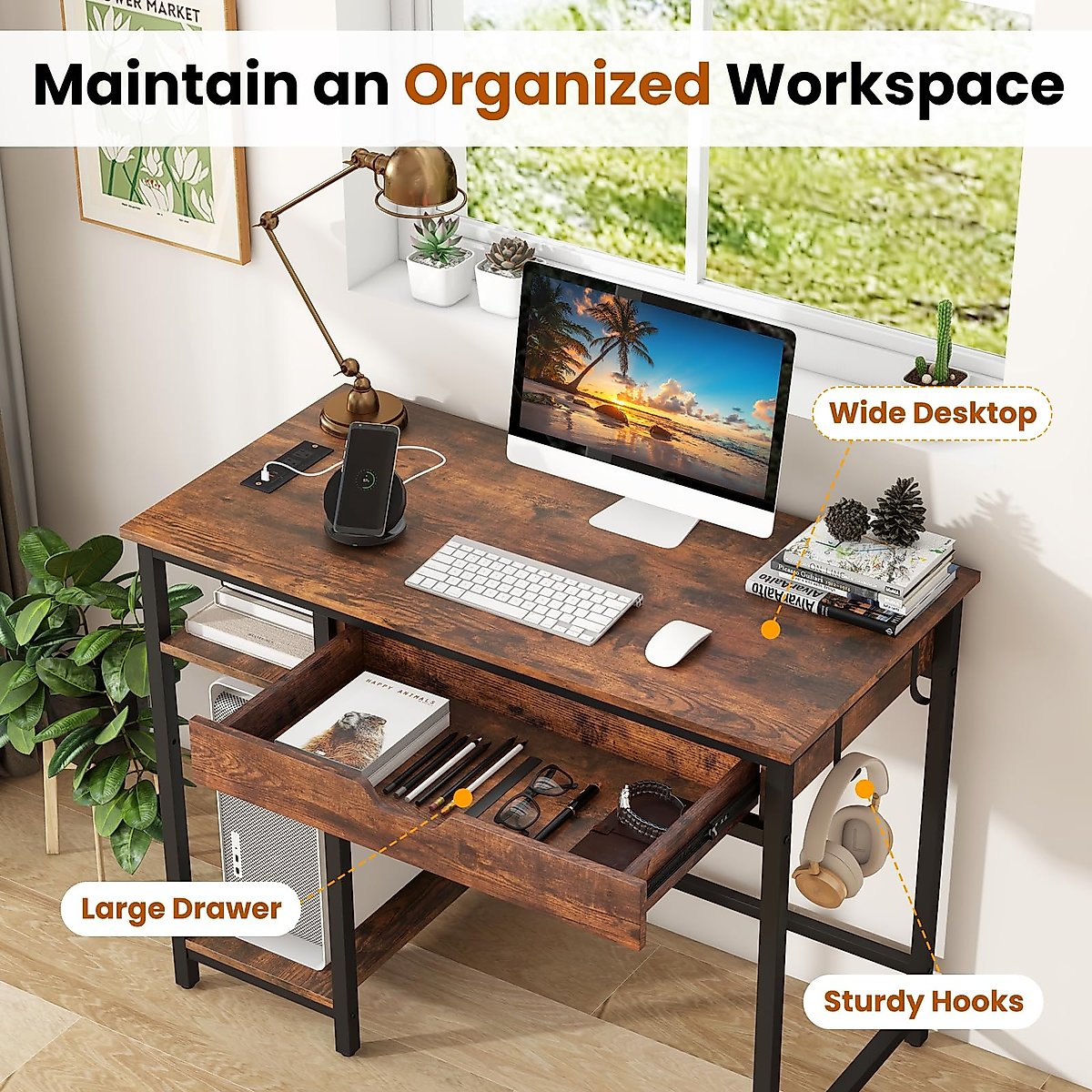 Tangkula Computer Desk with Charging Station, 40” Industrial Home Office Desk with Drawer & Adjustable Shelf, Compact Computer Workstation with CPU Stand & Headphone Hooks, Study Writing Desk
