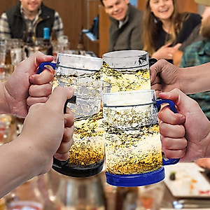 Patiomos Drinking Glasses Cups, Double Wall Gel Freezer Beer Mugs, Freezer Ice Mugs Cups, 16oz, Plastic Cooling Beer Mug Clear Set of 4 (2Blue and 2Black)