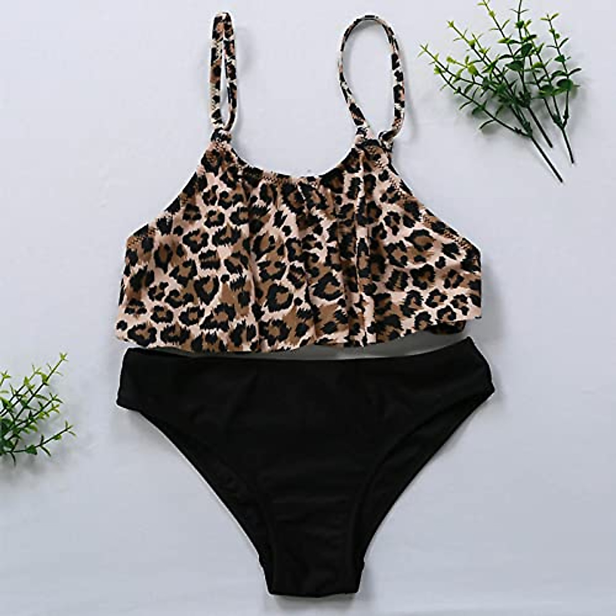 Girl Leopard Print Camisole Top Swimsuit Printed Split Swimsuit Bikini Swimwear 2-Piece Bathsuits Tankini Set 4-18 Years Black