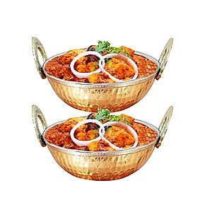 Genx Set of 4, Indian Copper Serveware Karahi Vegetable Dinner Bowl with Solid Brass Handle for Indian Food, Diameter- 13 Cm (5.2 Inches)