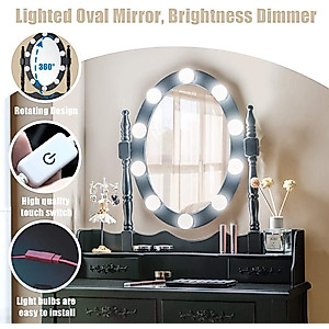 LDAILY Vanity Table Set w/Lighted Mirror, Makeup Vanity Table with 10 LED Lights, 4 Drawers & Oval Mirror, Bedroom Dressing White Black Dark Brown BC-HW66050US Vanity Table Set with Lighted Mirror