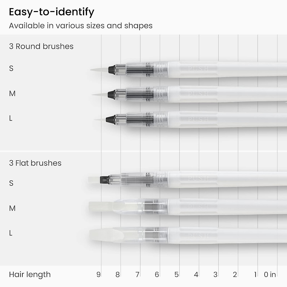 ARTEZA Water Brush Pen, Set of 6, Fine, Medium, Broad Tips, Self-Moistening Water Brush, Refillable Water Pen