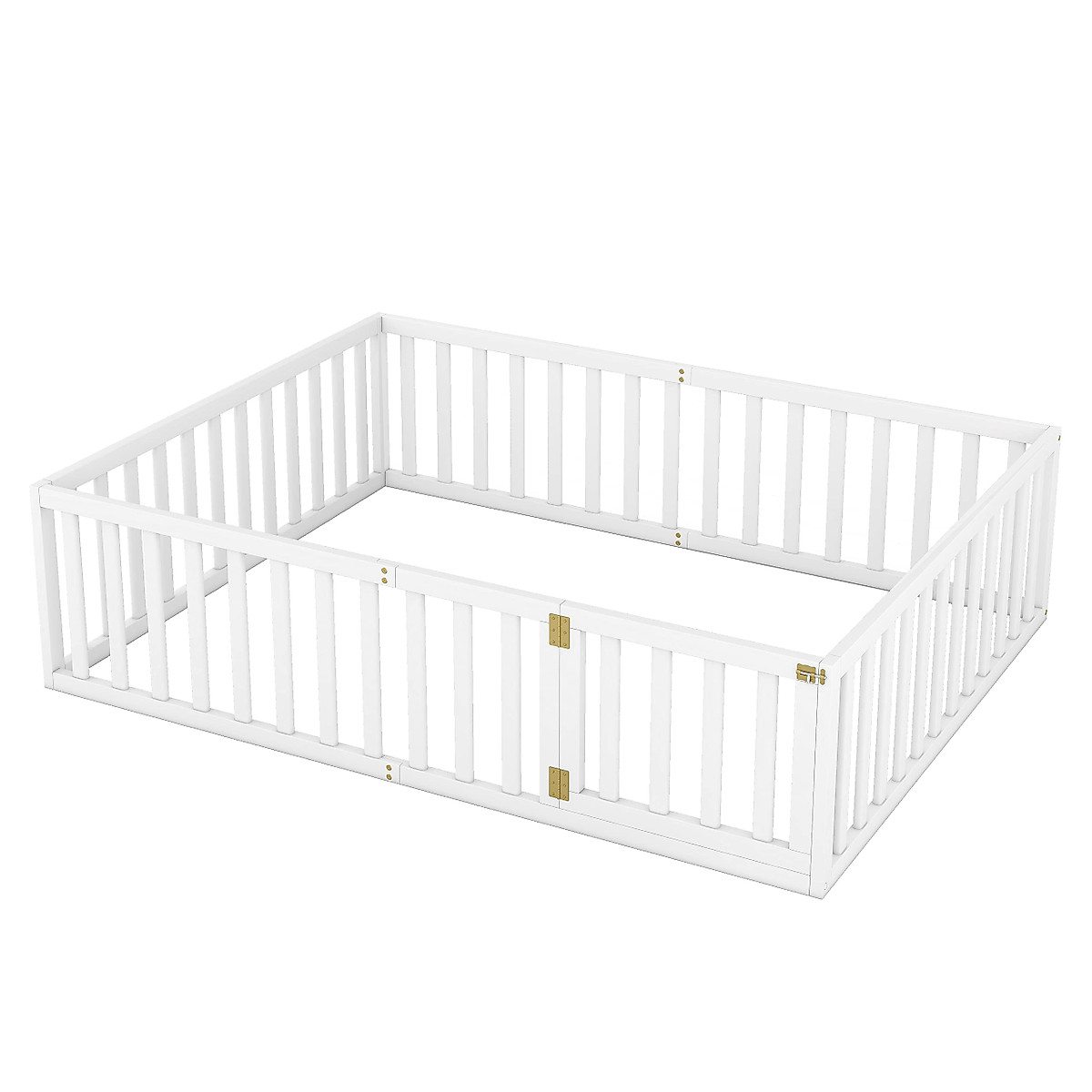 Luxo Abode Multifunctional Queen Size Floor Bed with Safety Guardrails and Door, Montessori Sturdy Solid Wood Beds Frame, Easy Assembly and No Spring Need, for Boys and Girls Room, White