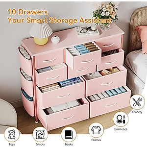 TrailBlaze Multifunctional Drawer Tower - Spacious Storage with 10 Drawers, Fabric Pockets, Hooks, Sturdy Steel Frame, Waterproof Wood Top, Anti-Tip Safety, Easy Assembly(Pink)