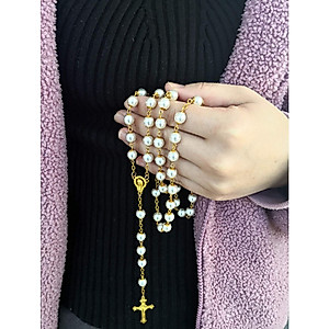 Rosary Beads Catholic for Women, First Holy Communion Rosary Gifts Catholic for Women, Gold White Rosary Necklace for Women Imitation Pearl Beads Necklace Rosarios Catolicos