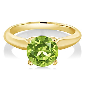 Gem Stone King 18K Yellow Gold Plated Silver Green Peridot Solitaire Engagement Ring For Women (2.00 Cttw, Round 8MM, Gemstone Birthstone, Available In Size 5, 6, 7, 8, 9)