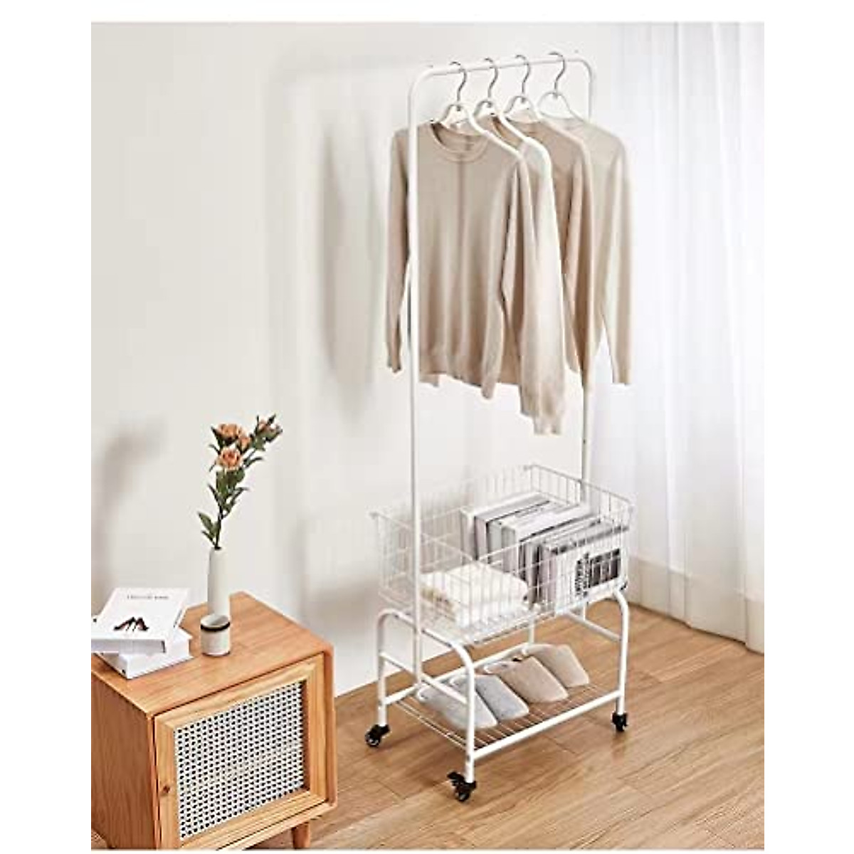 easy moved garment rack with basket for organize, laundry basket, white metal rack,