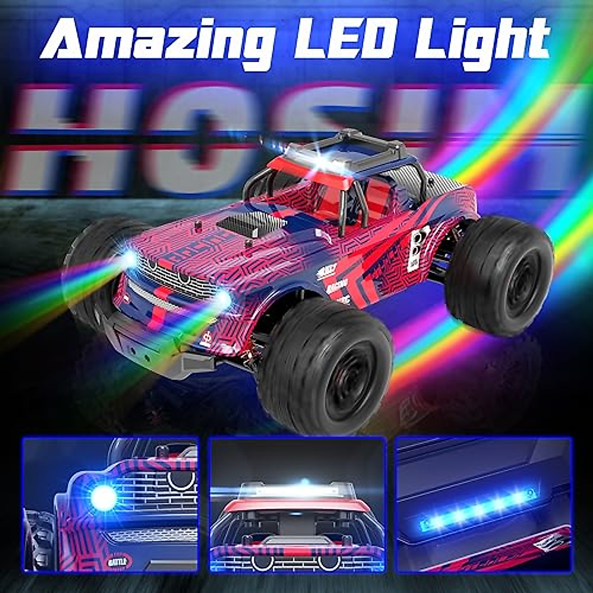 Hosim 1:14 RC Cars with Colorful LED Lights, 40+ KPH High Speed Remote Control Car, 4X4 RTR Fast RC Trucks Waterproof Hobby Toy Off-Road Jumping Crawler Electric Vehicle for Boys Children Adults (Red)