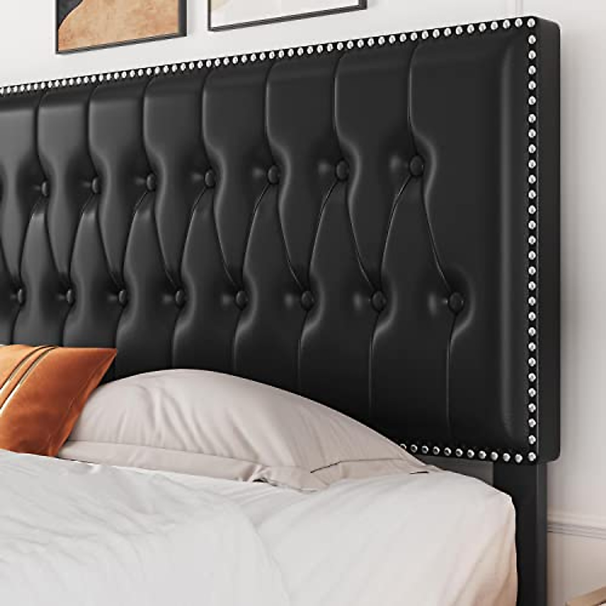 Yaheetech Full Bed Frame Faux Leather Upholstered Platform Bed with Height-Adjustable Headboard, Button Tufting & Nailhead Trim/Noise-Free/Wood Slats Support/No Box Spring Needed, Black Full Bed