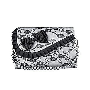 GripIt Lace Lolita Shoulder Crossbody Bag Bow-Knot Clutch Purses with Pearl Handle Chain for Women Girls Party Evening Handbag,Black