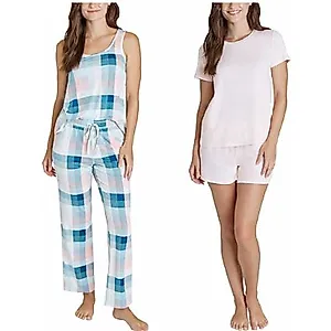 Eddie Bauer Women's 4-Piece Sleep Set, Tank, Tee, Short, Pant (X-Large, Teal Squares)