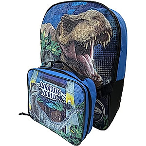 Jurassic World 15 Inch Kids Backpack With Removable Lunch Box Set (Blue-Black)