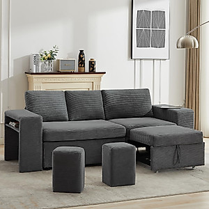 Bumblr 93" Modular Sectional Couches for Living Room Furniture, Comfy L Shape Couch with Chaise, Pull Out Couch with 2 Ottomans, Wide Sofa Armrest with Storage Space, Dark Grey