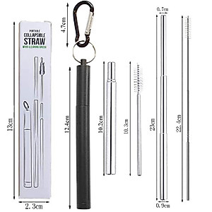 Hoshen Reusable Three-Section Foldable Metal Straw, Portable Telescopic Straw, Including Brush and Small Carabiner (Aluminum Alloy Shell), Black, 2 PCS