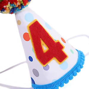 WAHAWU Baby 4th Birthday Party Handmade Hat, Primary Colors Confetti Cone Mini Hat with Multicolored Fur Balls, Stretchable Band, Fits Baby Girls/Boys, 3.5*3.1 inches, Costume Headwear