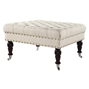 24KF Large Square Upholstered Tufted Button Linen Ottoman Coffee Table, Large Footrest Bench with Casters Rolling Wheels-Ivory