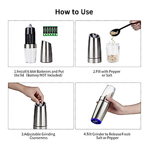 SAVORLIVING Gravity Electric Pepper Grinder with Adjustable Coarseness,One Handed Operation Salt Mill Grinder