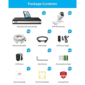 ZOSI 16Channel 4K PoE Home Security Cameras System,8MP 16CH H.265 CCTV NVR with Hard Drive 4TB and 16 x 5MP Surveillance PoE IP Cameras Indoor Outdoor,120ft Night Vision,Remote Access,24/7 Recording