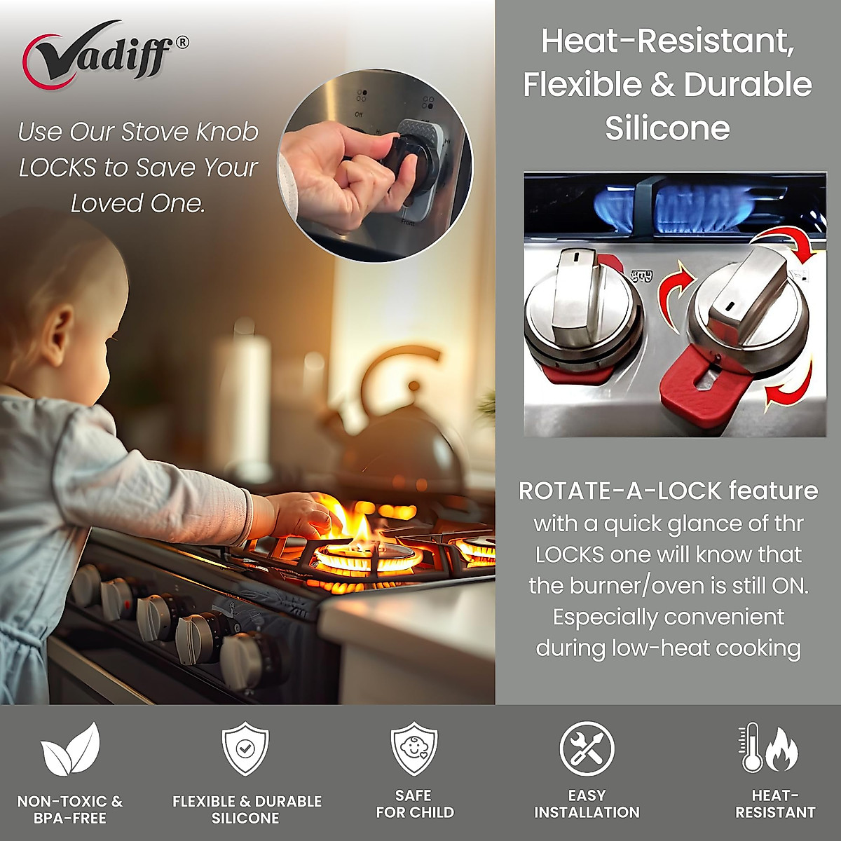 Vadiff Silicone Gas Stove Child Safety Knob Locks | Oven Knob Guard (5 Pk)(Gray)