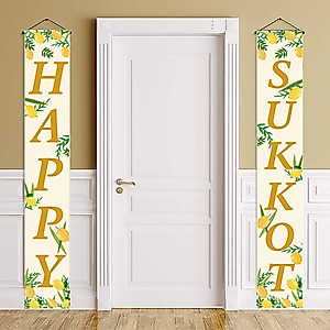 LOONELO Happy Sukkot Porch Banner with 70.9" X 11.8", Etrog Lulav Jewish Holiday Hanging Porch Sign, Sukkah Jewish Hebrewh Party Decorations Supplies for Jewish Holiday Sukkot Celebration Festival