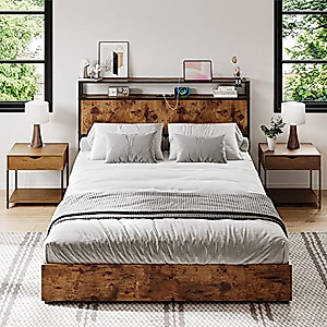 AMERLIFE Full Size Storage Bed Frame, Wooden Platform Bed with Charging Station, 4 Drawers & Headboard/No Box Spring Needed/Noise-Free/Dark Brown