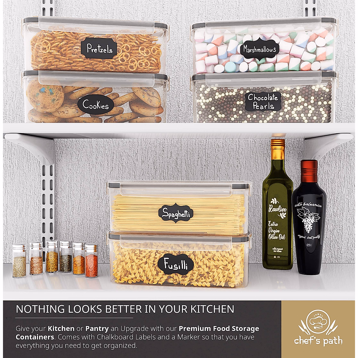 Chef's Path Airtight Food Storage Container Set (Set of 6) - Ideal for Pasta, Spaghetti & Noodles - Pasta Containers for Kitchen Organization and Storage - Plastic Canisters with Durable Lids