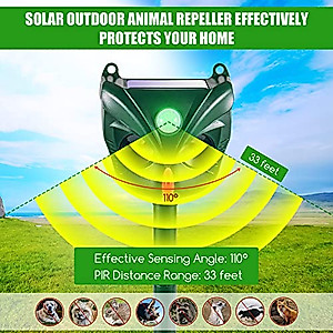 Ultrasonic Animal Repeller Outdoor Waterproof Solar Animal Deterrent with Motion Sensor and Flashing Lights, Farm Garden Yard Repellent for Cat Rodent Squirrel Dog Rabbit Raccoon Skunk Fox Deer etc