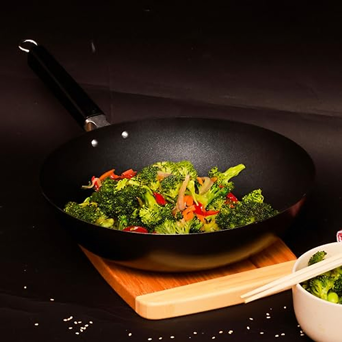 JOYCE CHEN Professional Series 12-Inch Carbon Steel Excalibur Nonstick Stir Fry Pan with Phenolic Handle