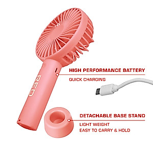 Red by Kiss Handheld Fan, Mini Portable Personal Desk Fan with USB Rechargeable, 3 Speed Long Lasting Powerful Small Fan for Makeup Travel Home Office Lace Wig Eyelash Face Nail (Pink)