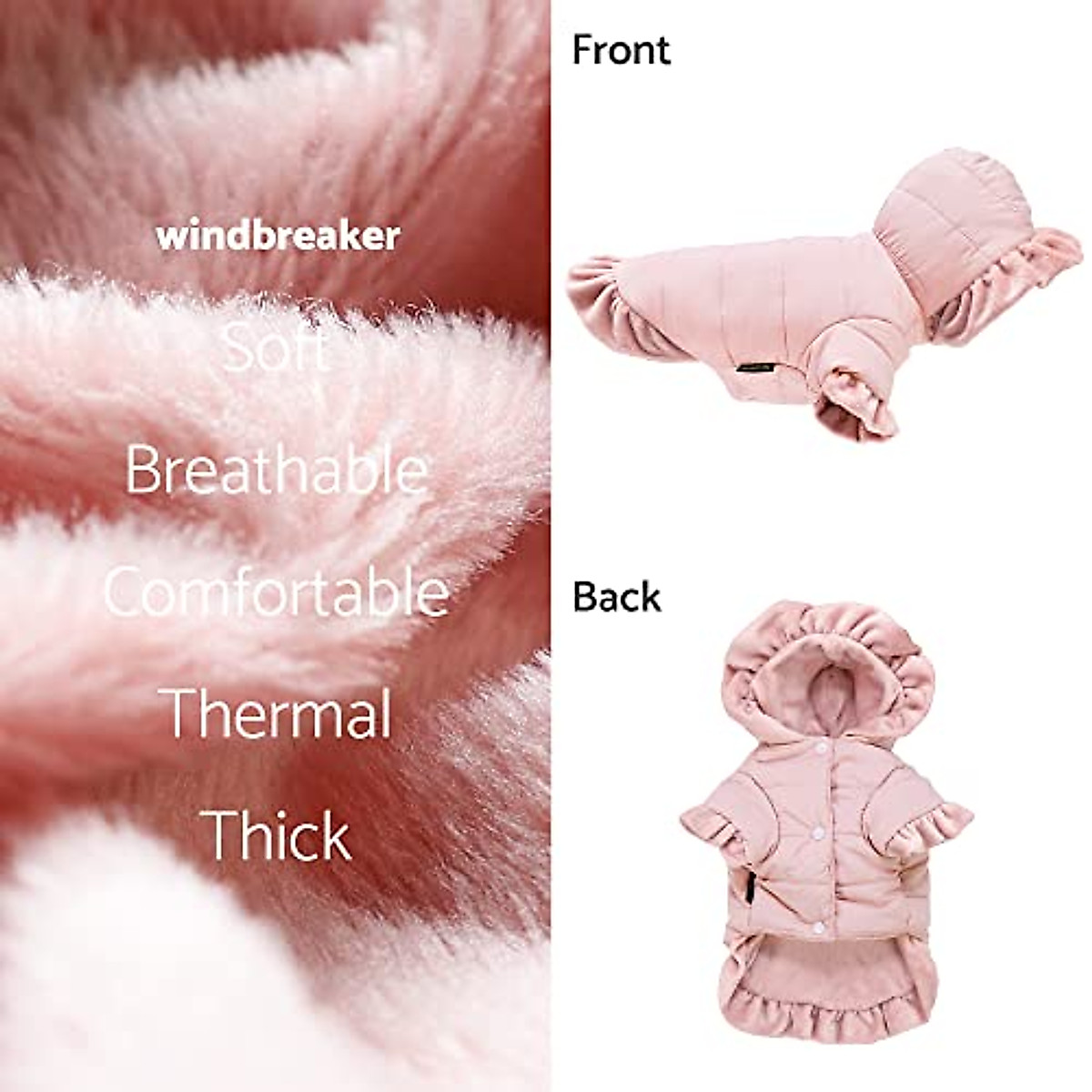 Fitwarm Ruffle Quilted Dog Coat, Pet Puffer Jacket with Hood, Dog Winter Clothes for Small Dogs Girl, Cat Hooded Outfit, Pink, Small